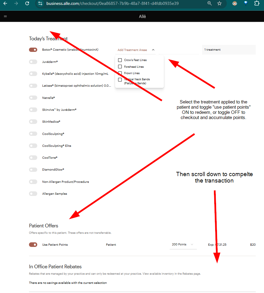 Entering treatments in Alle rewards website for a patient to collect points